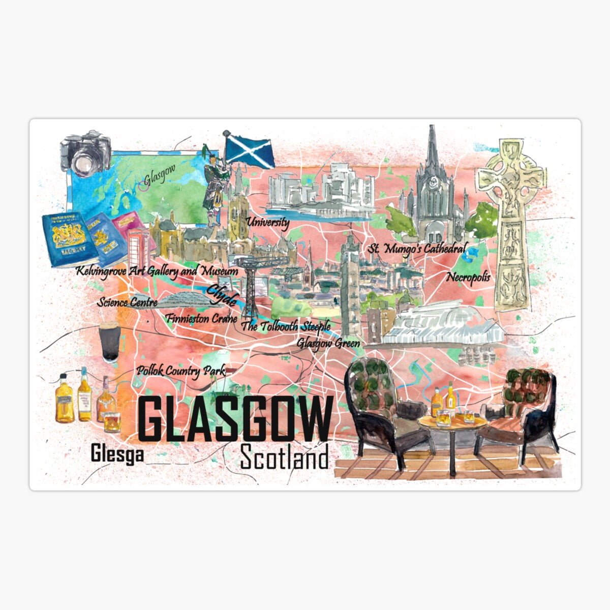 Maneki Glasgow Scotland Illustrated Travel Map With Roads And ...