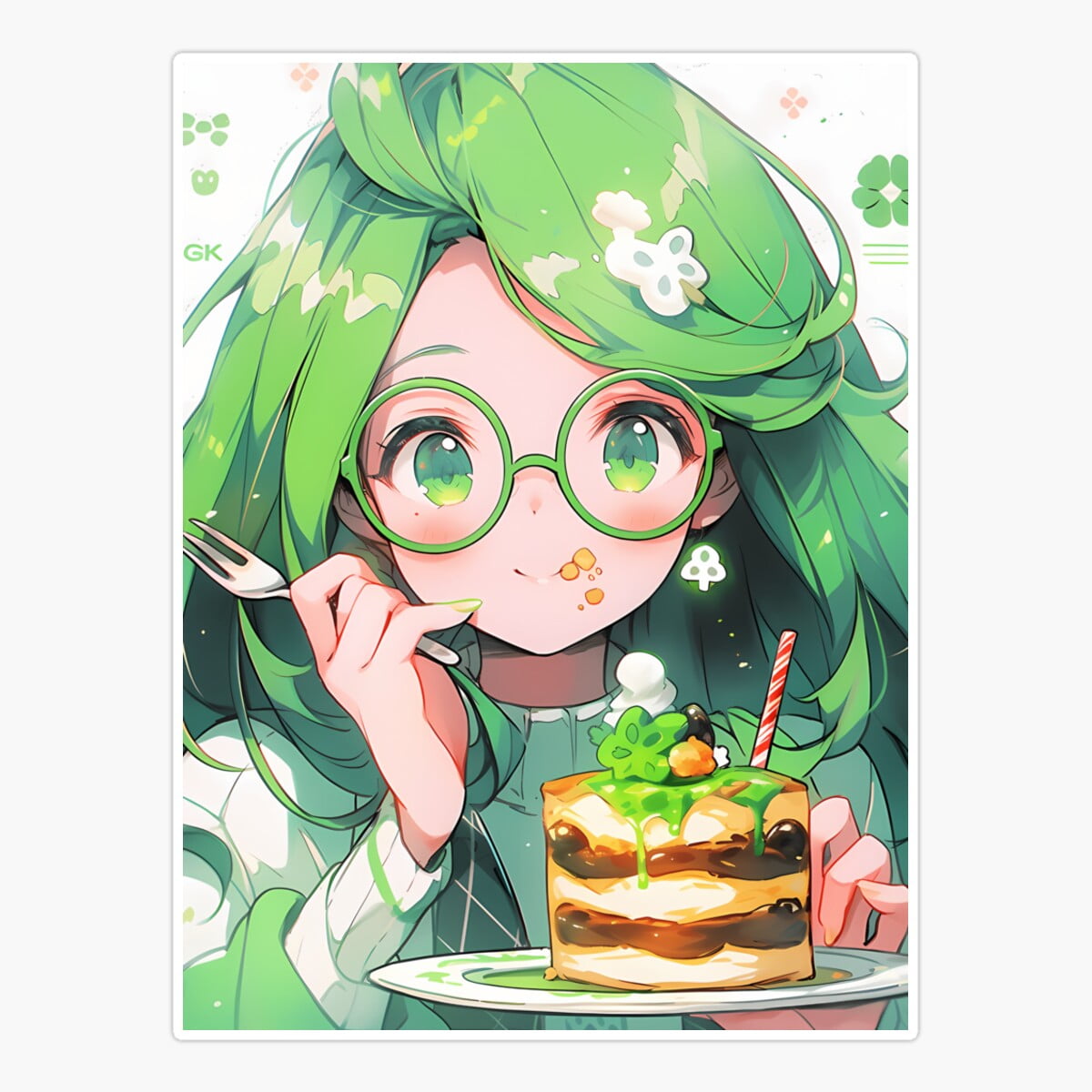 Maneki Green Kawaii Anime Eating Pancakes In Kitchen Sticker, Phone ...