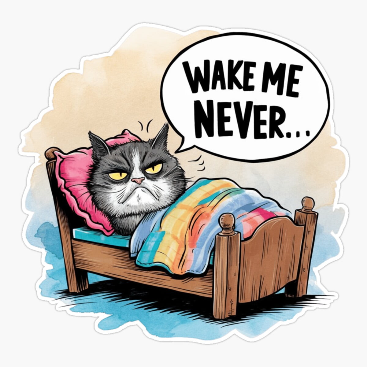 Maneki Grumpy Cat In Bed - Wake Me Never Unny Cartoon Sticker, Phone Decal Water Bottle Stickers ...