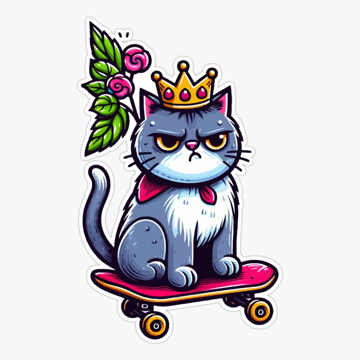 Maneki Grumpy Royal Cat On Skateboard Sticker, Phone Decal Water Bottle ...
