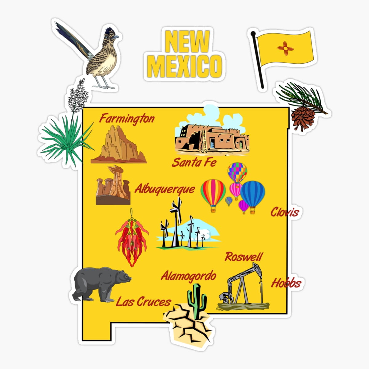 Maneki Hand Drawn Illustration O New Mexico State Map With Tourist ...