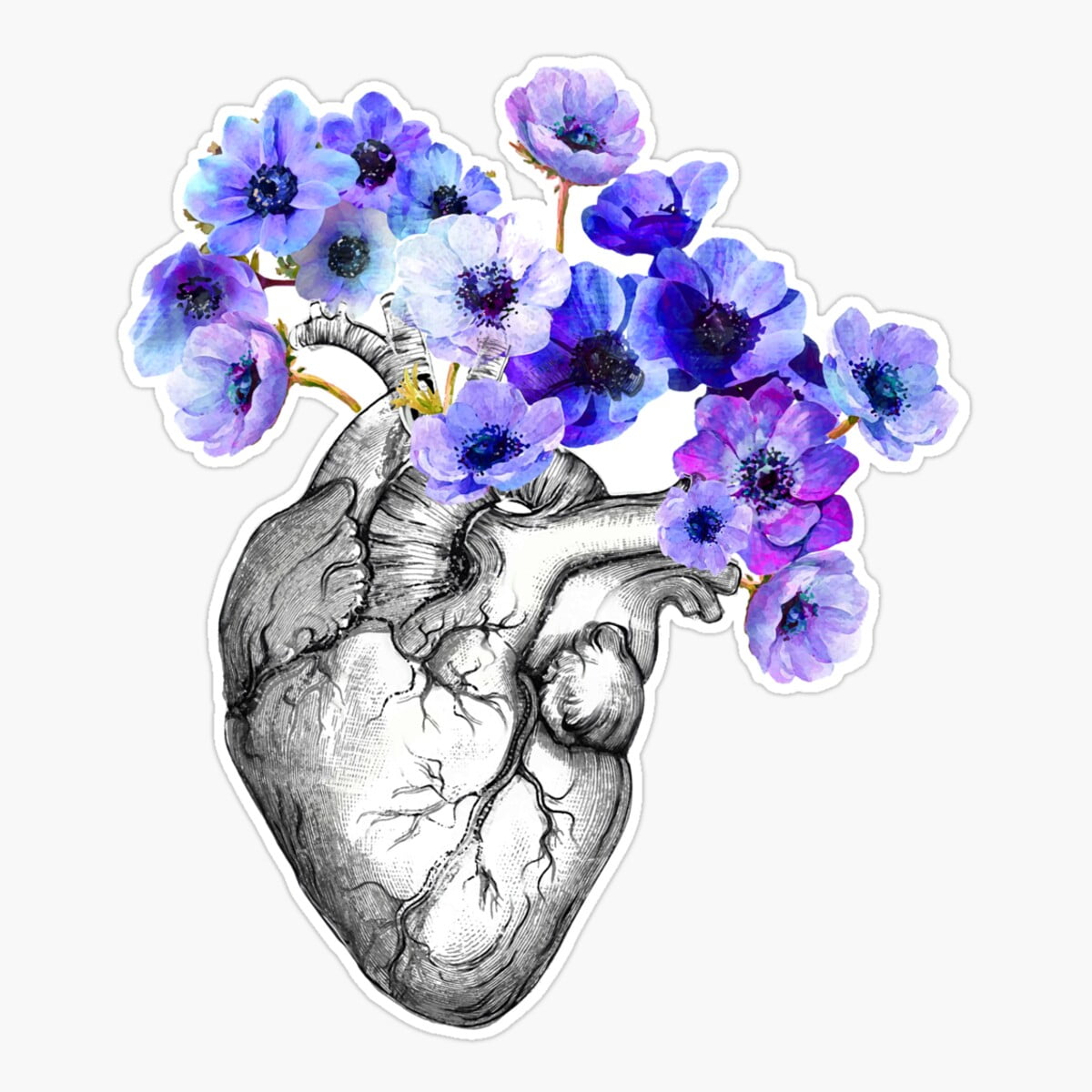 Maneki Heart, Human, Anatomy, Blue Flowers Er, Phone Decal Water Bottle ...