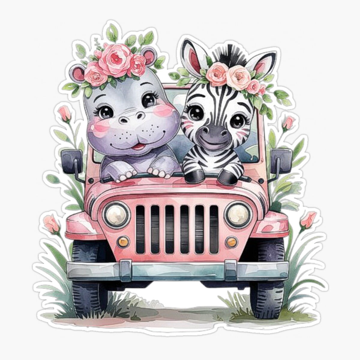 Maneki Hippo And Zebra With Flowers In Pink Jeep - Adorable Safari ...