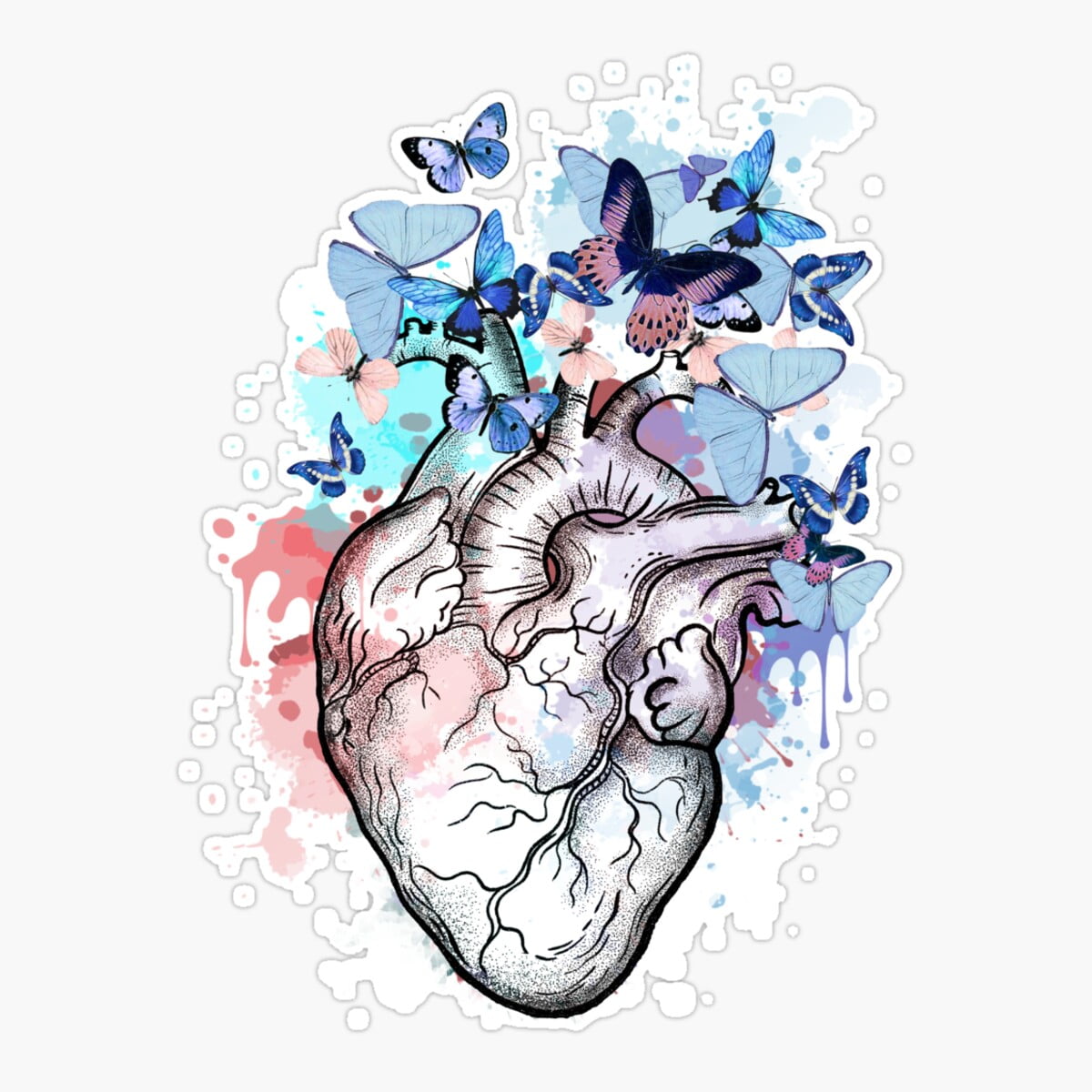 Maneki Human Heart With Blue Erflies, Black, Watercolor Style, Anatomy ...