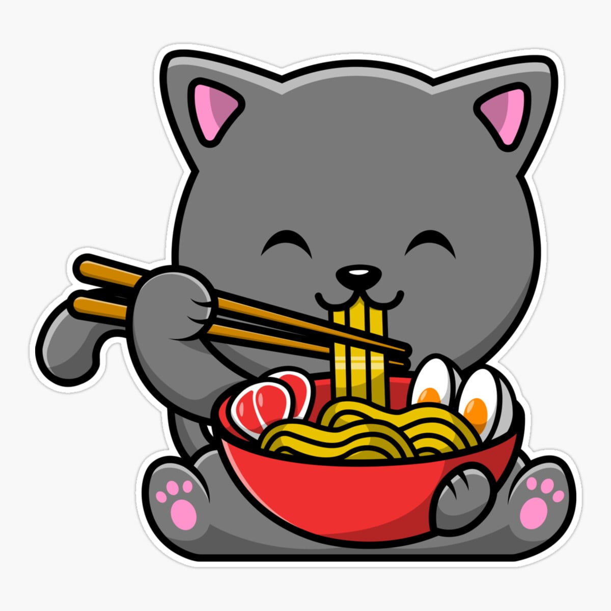 Maneki Hungry Gray Cat Eating Pasta And Eggs Sticker Sticker, Phone ...