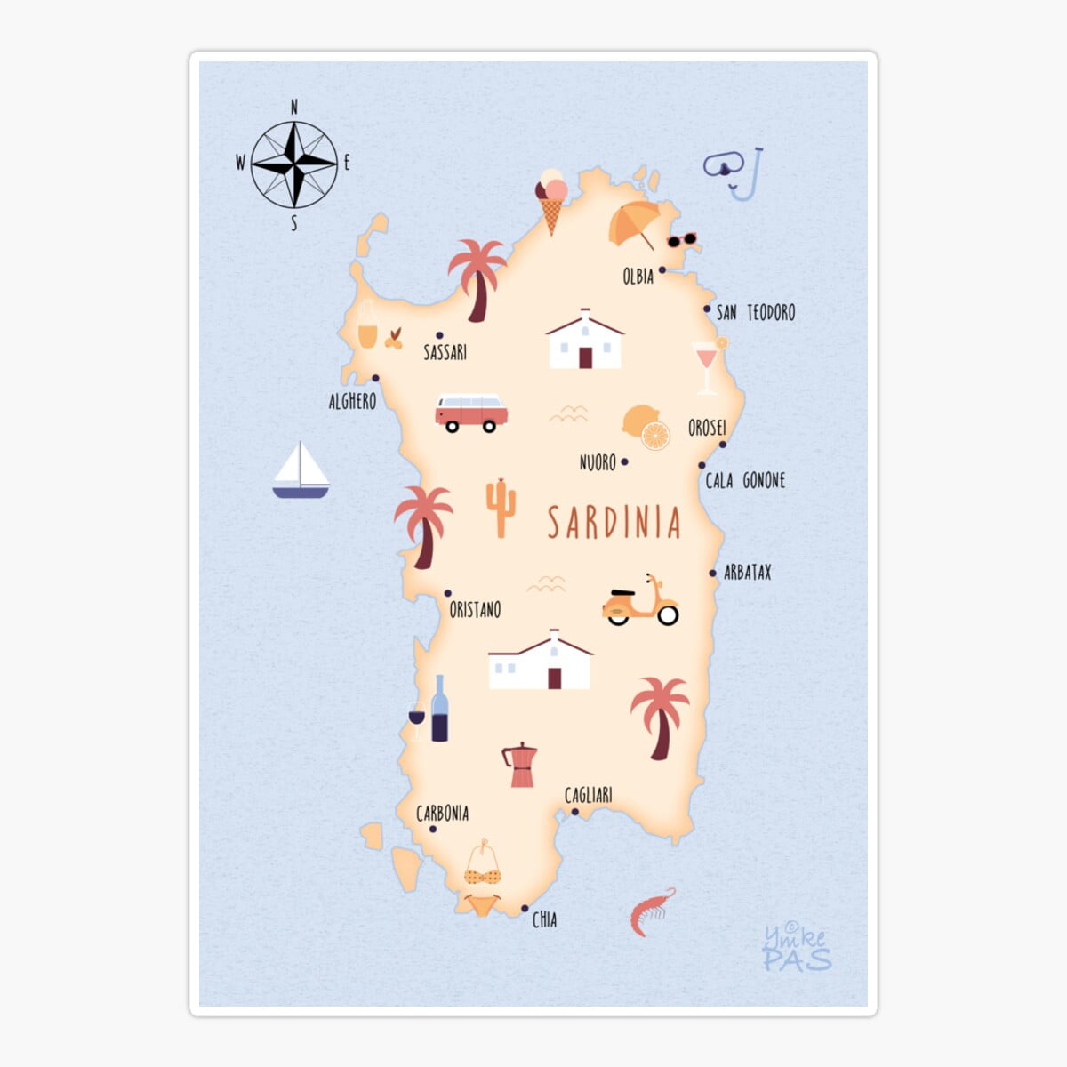 Maneki Illustrated Map O Sardinia Sticker, Phone Decal Water Bottle ...