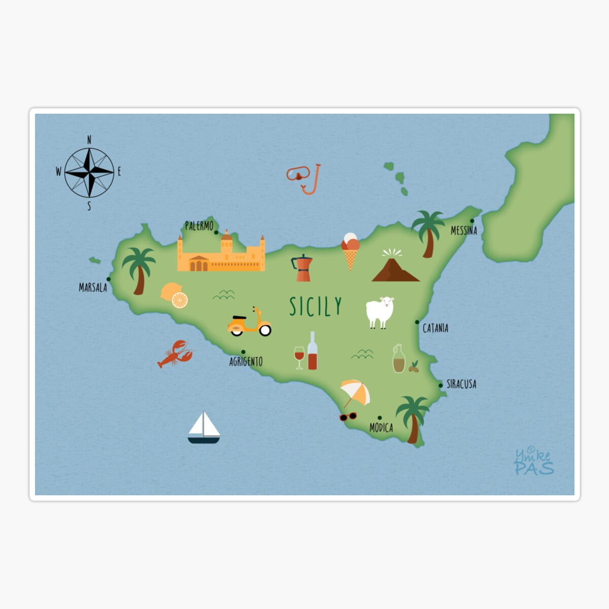Maneki Illustrated Map O Sicily Sticker, Phone Decal Water Bottle ...