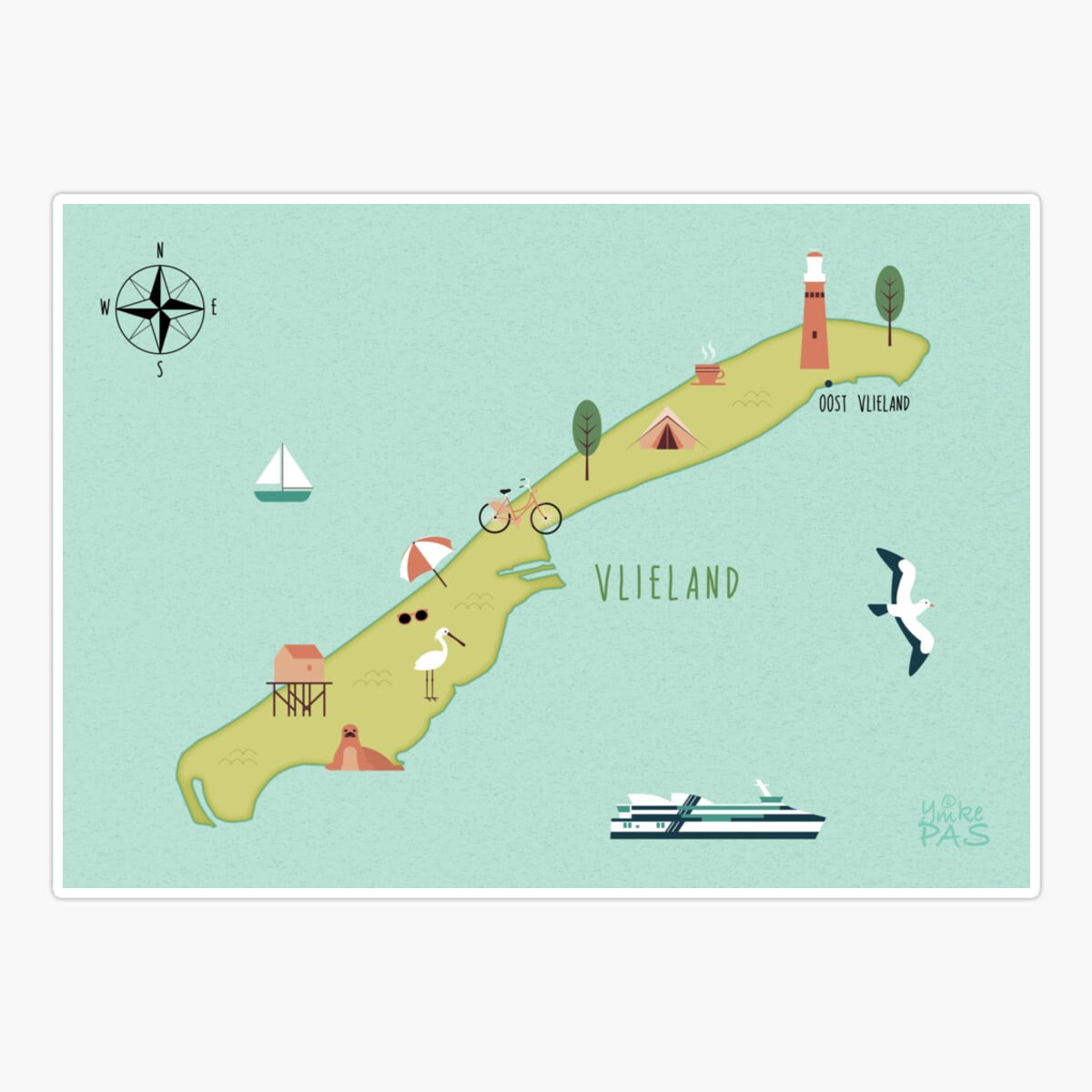 Maneki Illustrated Map O Vlieland Sticker, Phone Decal Water Bottle ...