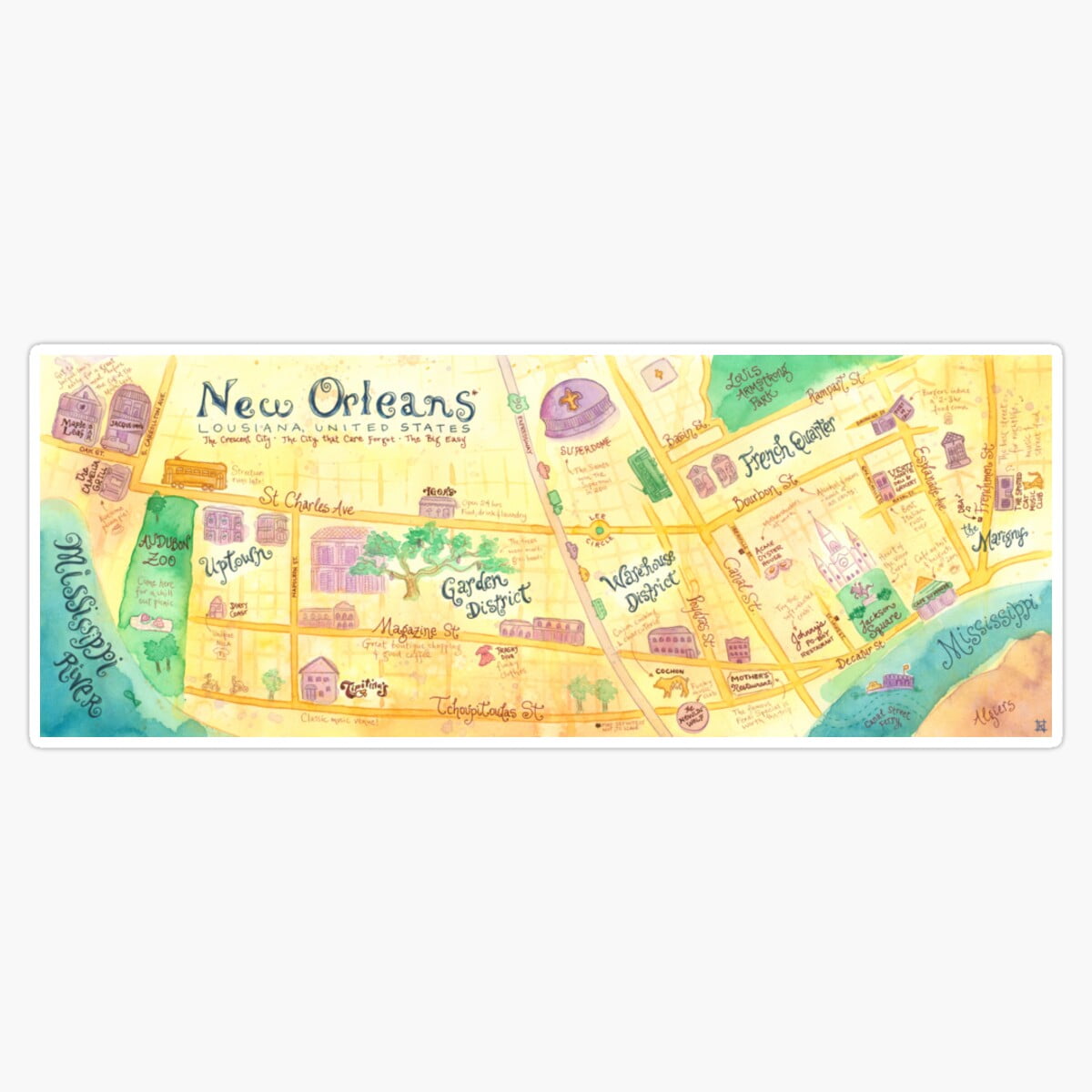 Maneki Illustrated Map Of New Orleans, Louisiana, Usa Er, Phone Decal ...