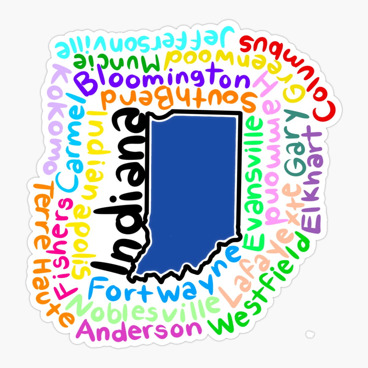 Maneki Indiana Map With Names Sticker, Phone Decal Water Bottle ...