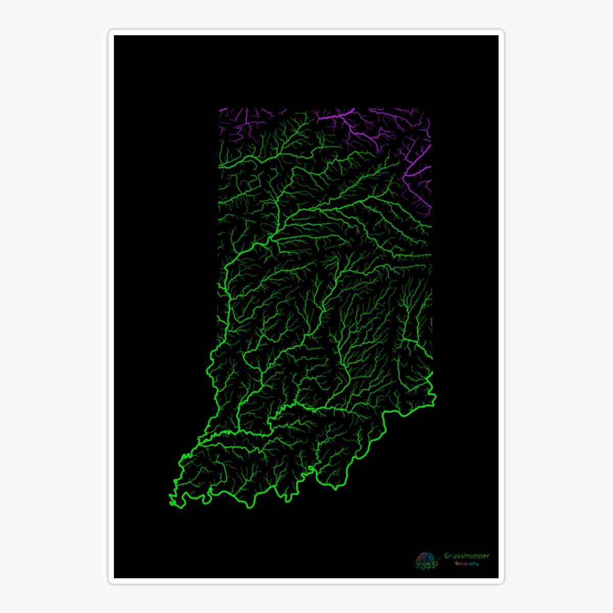 Maneki Indiana River Basin Map In Rainbow Colours With Black Background ...