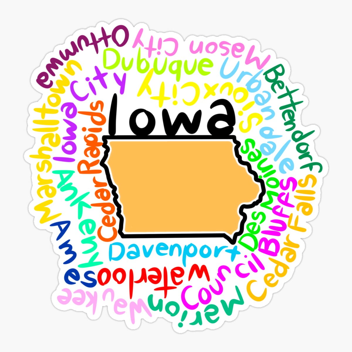 Maneki Iowa Map With Names Sticker, Phone Decal Water Bottle Stickers ...