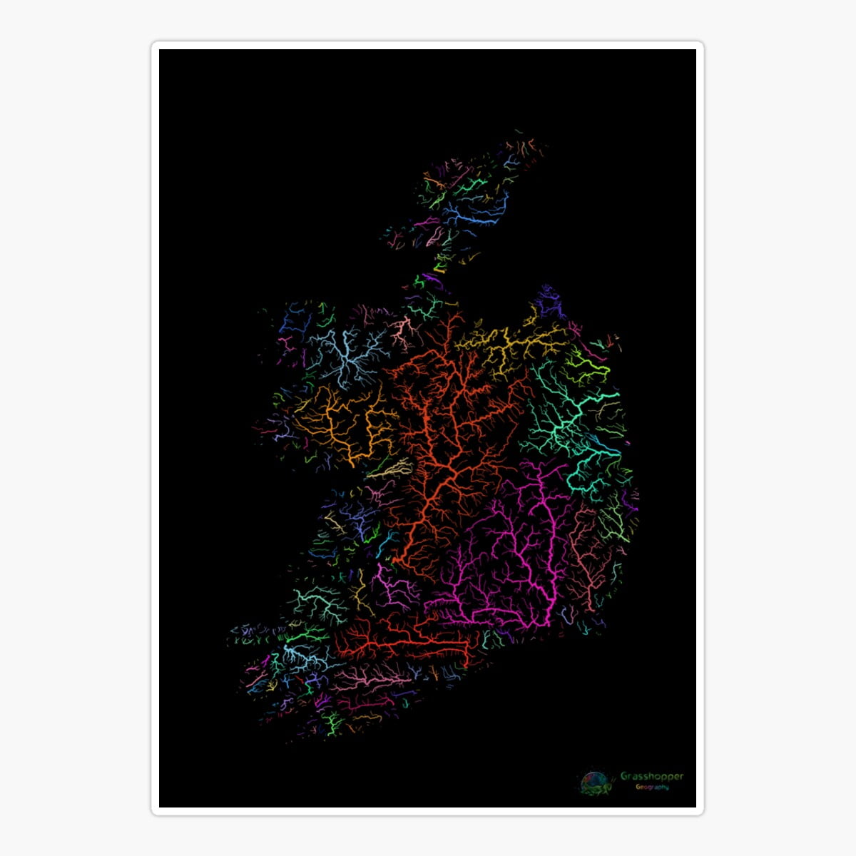 Maneki Ireland River Basin Map In Rainbow Colours With Black Background ...