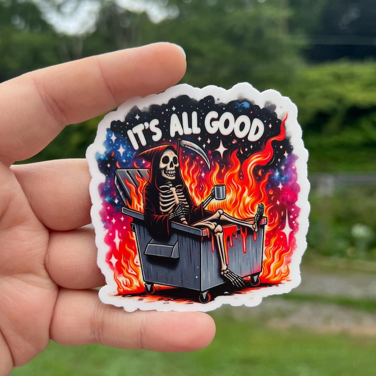 Maneki It’S All Good Skeleton Dumpster Fire Sticker Dark Comedy ...
