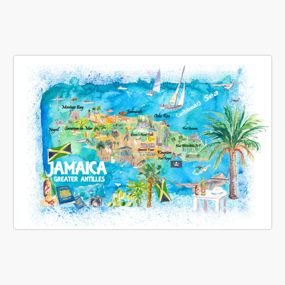 Maneki Jamaica Illustrated Travel Map With Roads And Highlights Sticker ...