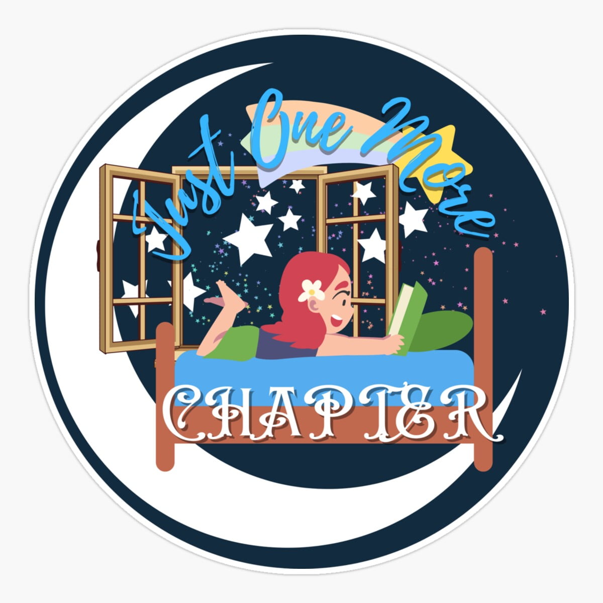 Maneki Just One More Chapter Girl Reading On Bed (Moonlit Blue) Sticker ...