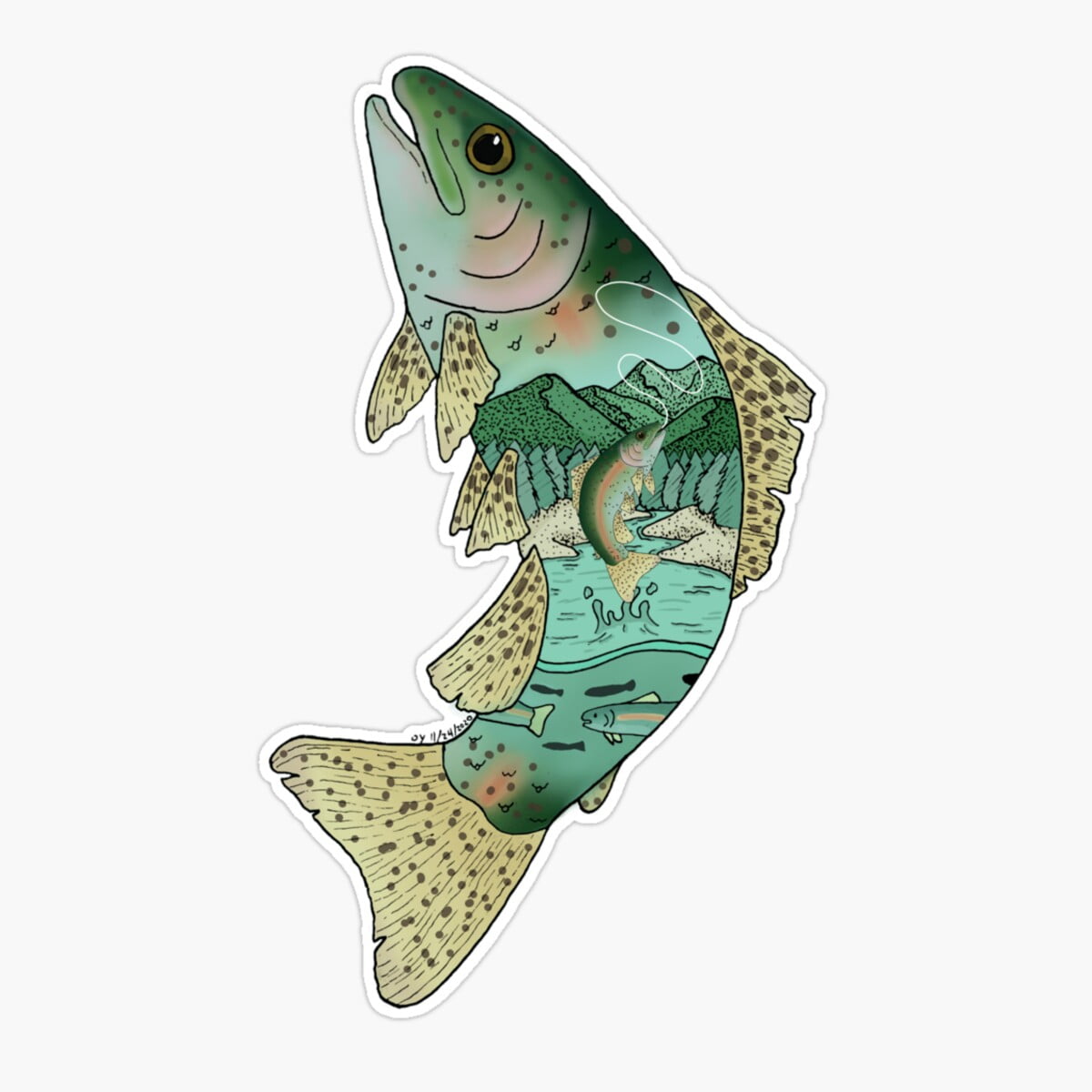 Maneki Leaping Trout Containing Scene O Trout River Er, Phone Decal ...