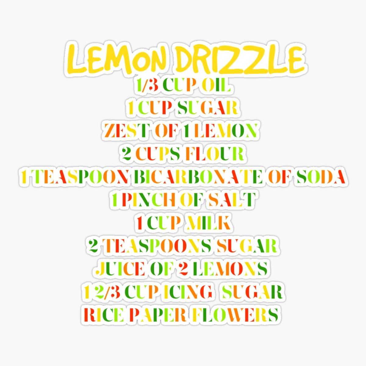 Maneki Lemon Drizzle Ingredients Recipe Sticker, Phone Decal Water ...