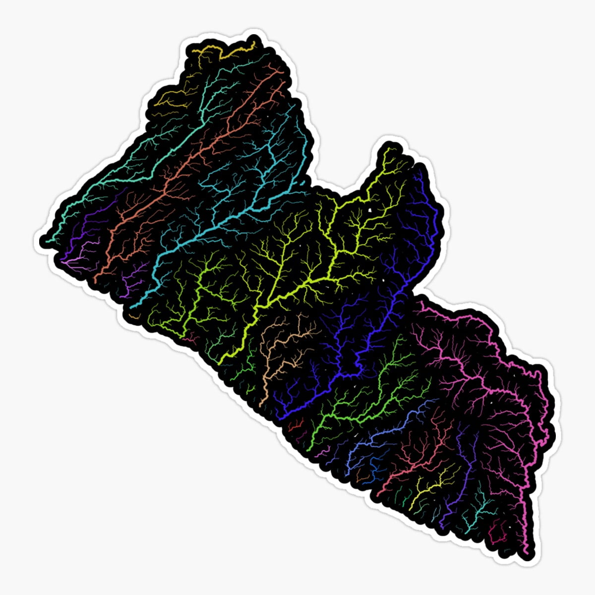 Maneki Liberia River Basin Map In Rainbow Colours With Black Background ...