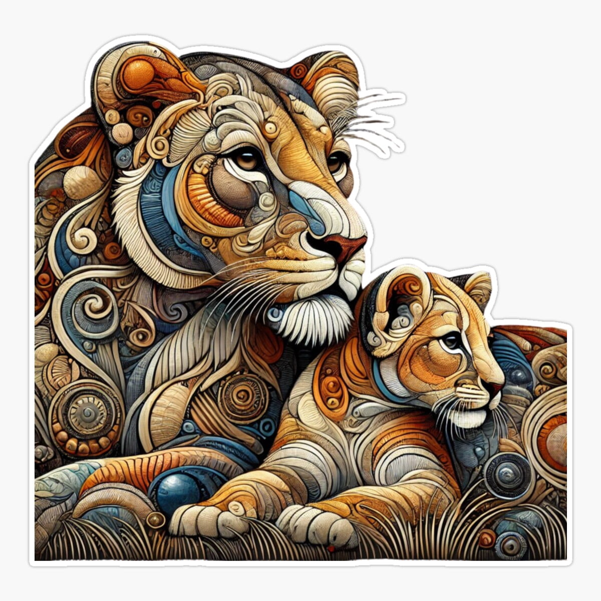 Maneki Lioness And Cub Art Tee Shirt - Earth Tone Tribal Design Er ...