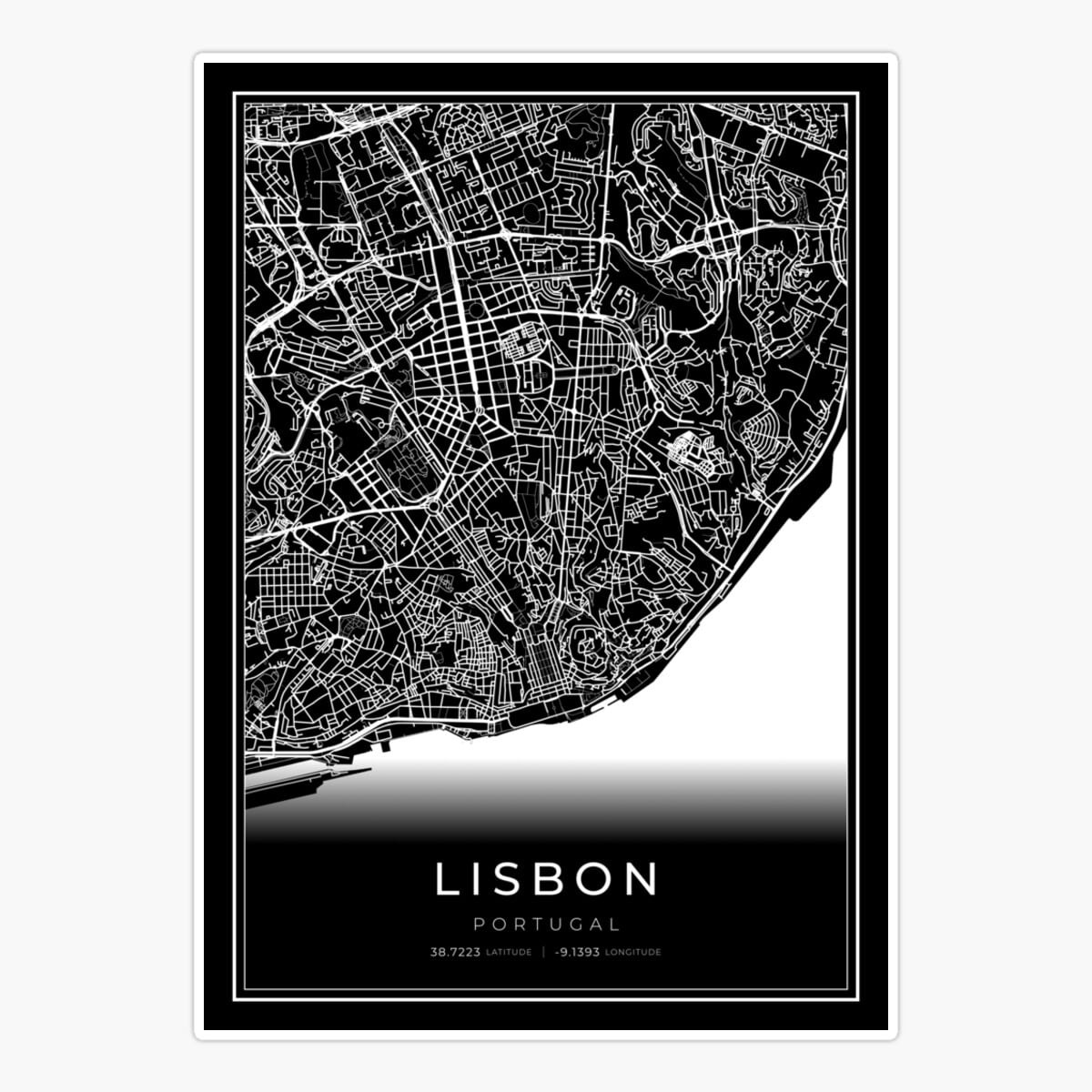 Maneki Lisbon Portugal Black Map Sticker, Phone Decal Water Bottle ...