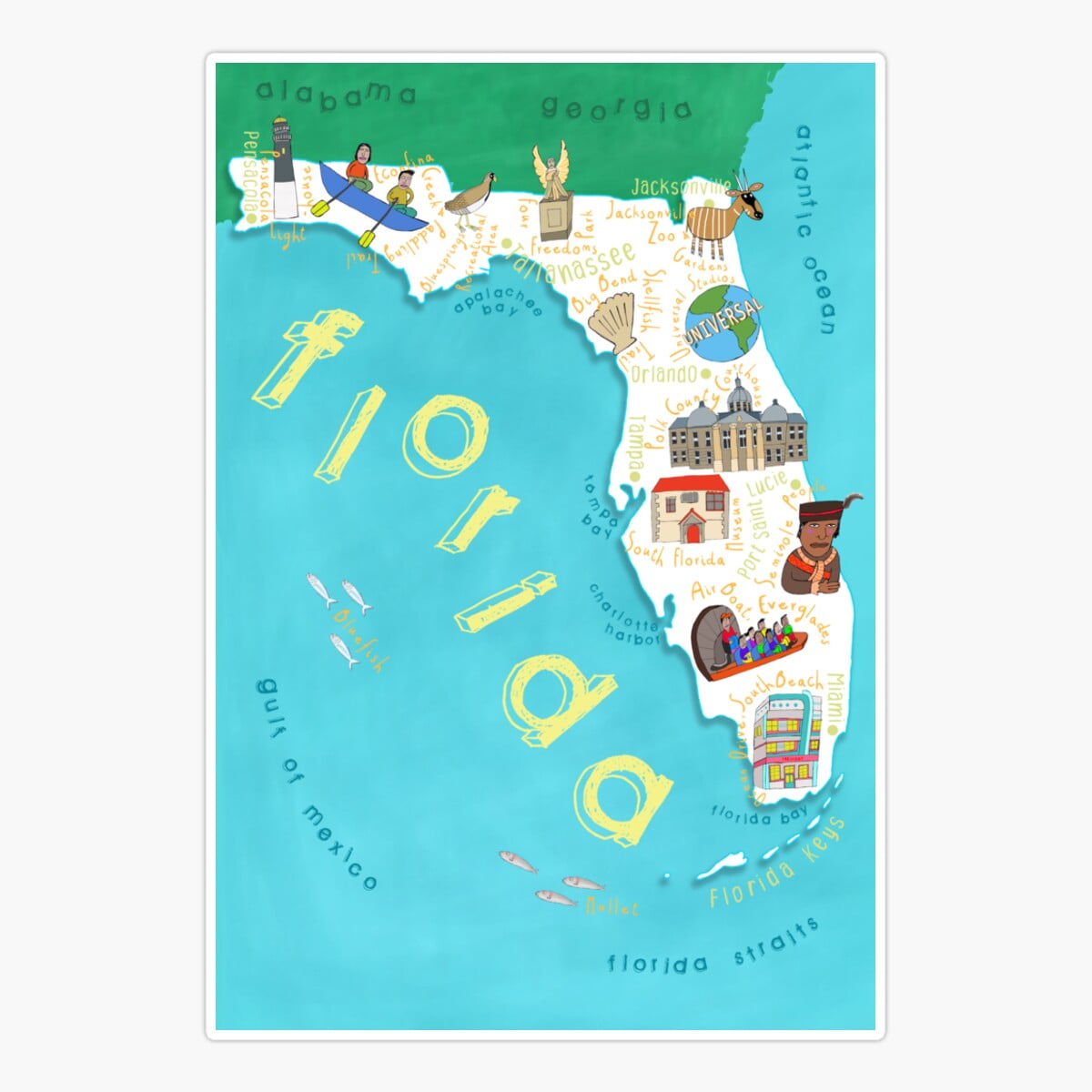 Maneki Lorida Illustrated Map With Icons By Artist Carla Daly Sticker ...