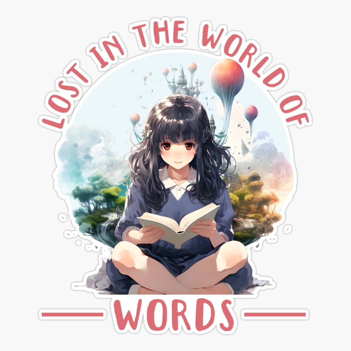 Maneki Lost In The World O Words Anime Girl Reading Book Sticker, Phone ...