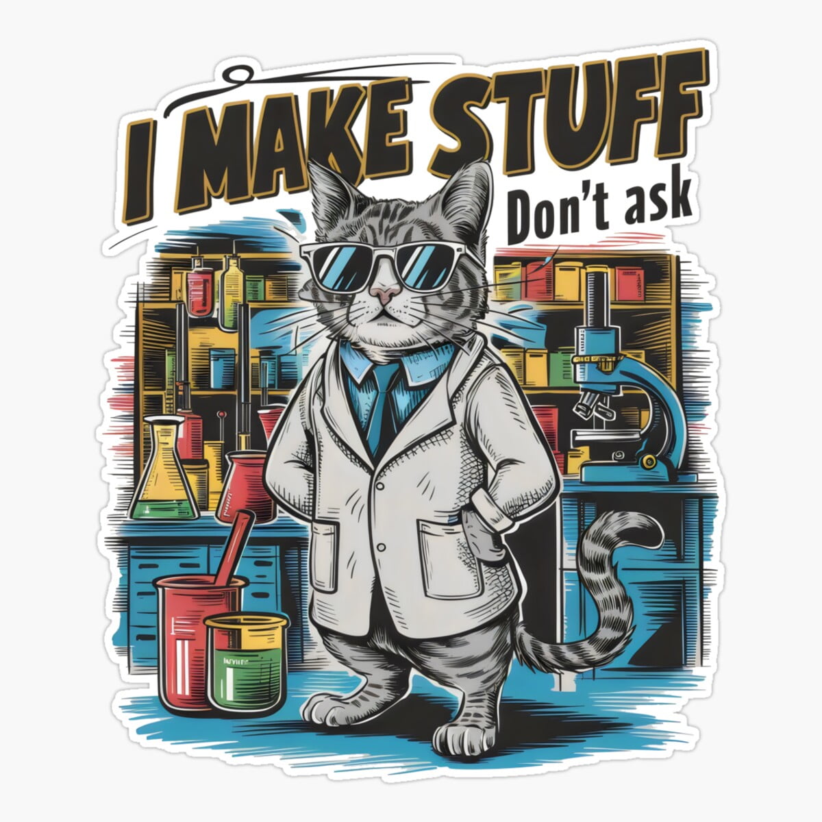 Maneki Mad Scientist Cat: Creative Genius At Work Sticker, Phone Decal ...