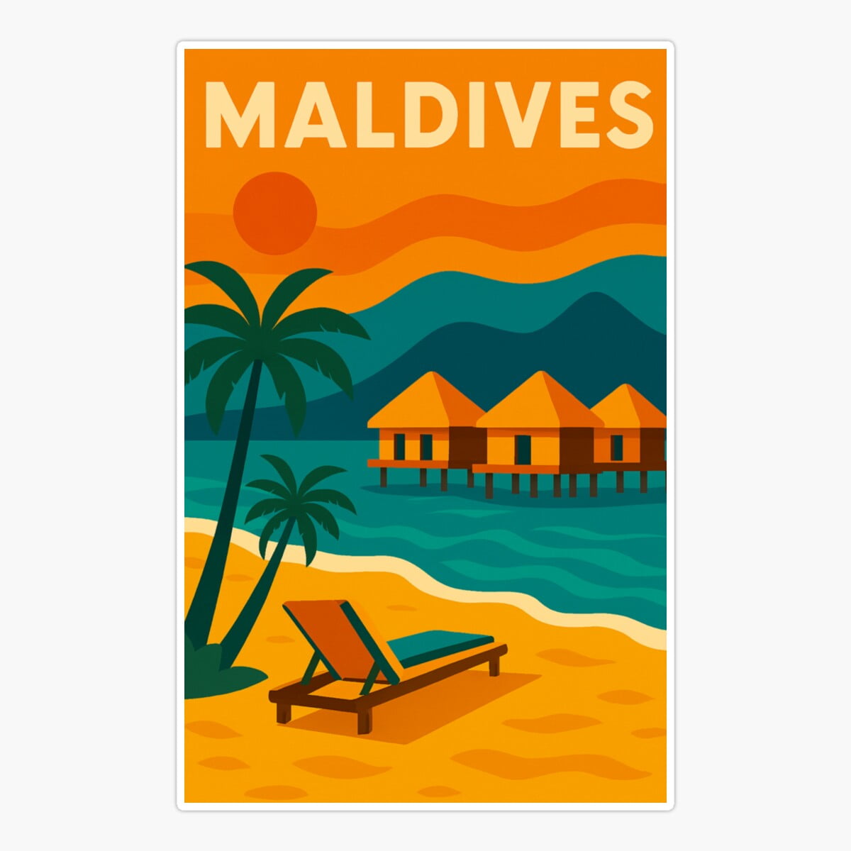 Maneki Maldives Travel Poster – Retro Beach Bungalows Sunset & Tropical ...