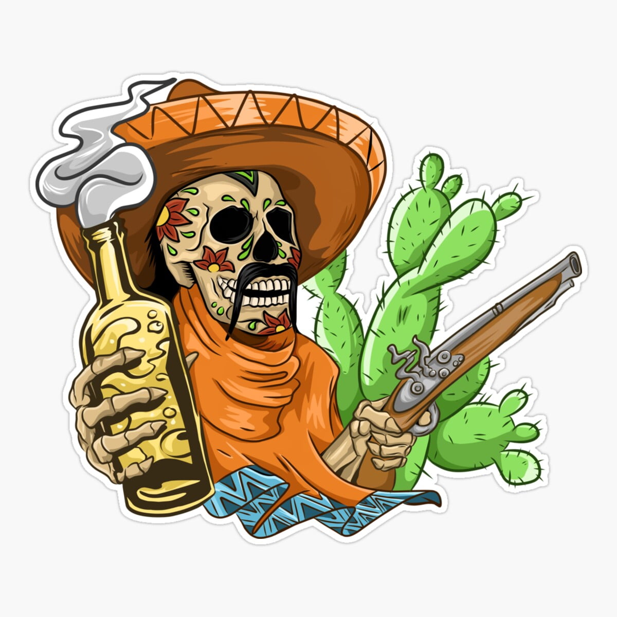Maneki Mexican Skull Holding Sombrero And Beer Sticker, Phone Decal ...