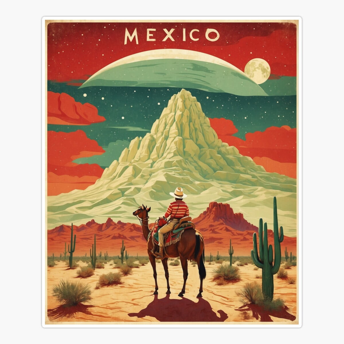 Maneki Mexico Desert Starry Night And Moon Vintage Poster Sticker ...