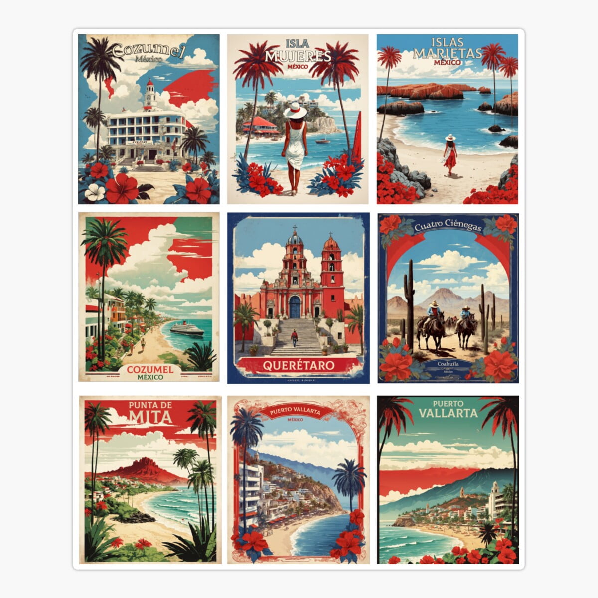 Maneki Mexico Vintage Tourism Posters Sticker Pack 6 Sticker, Phone ...