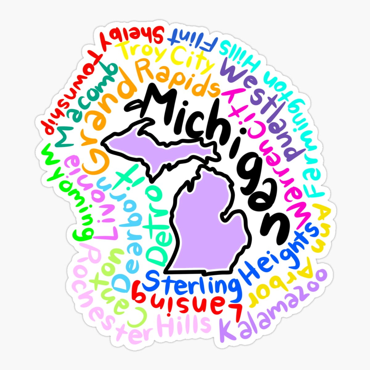 Maneki Michigan Map With Names Sticker, Phone Decal Water Bottle ...