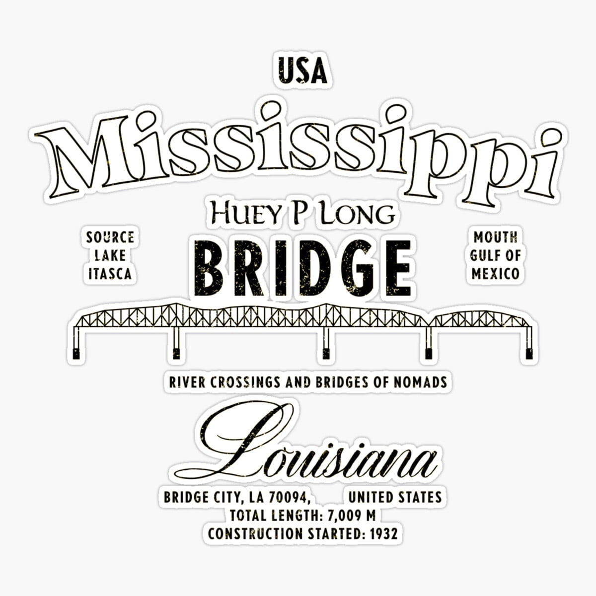 Maneki Mississippi River Huey P Long Bridge Louisiana Usa Sticker ...