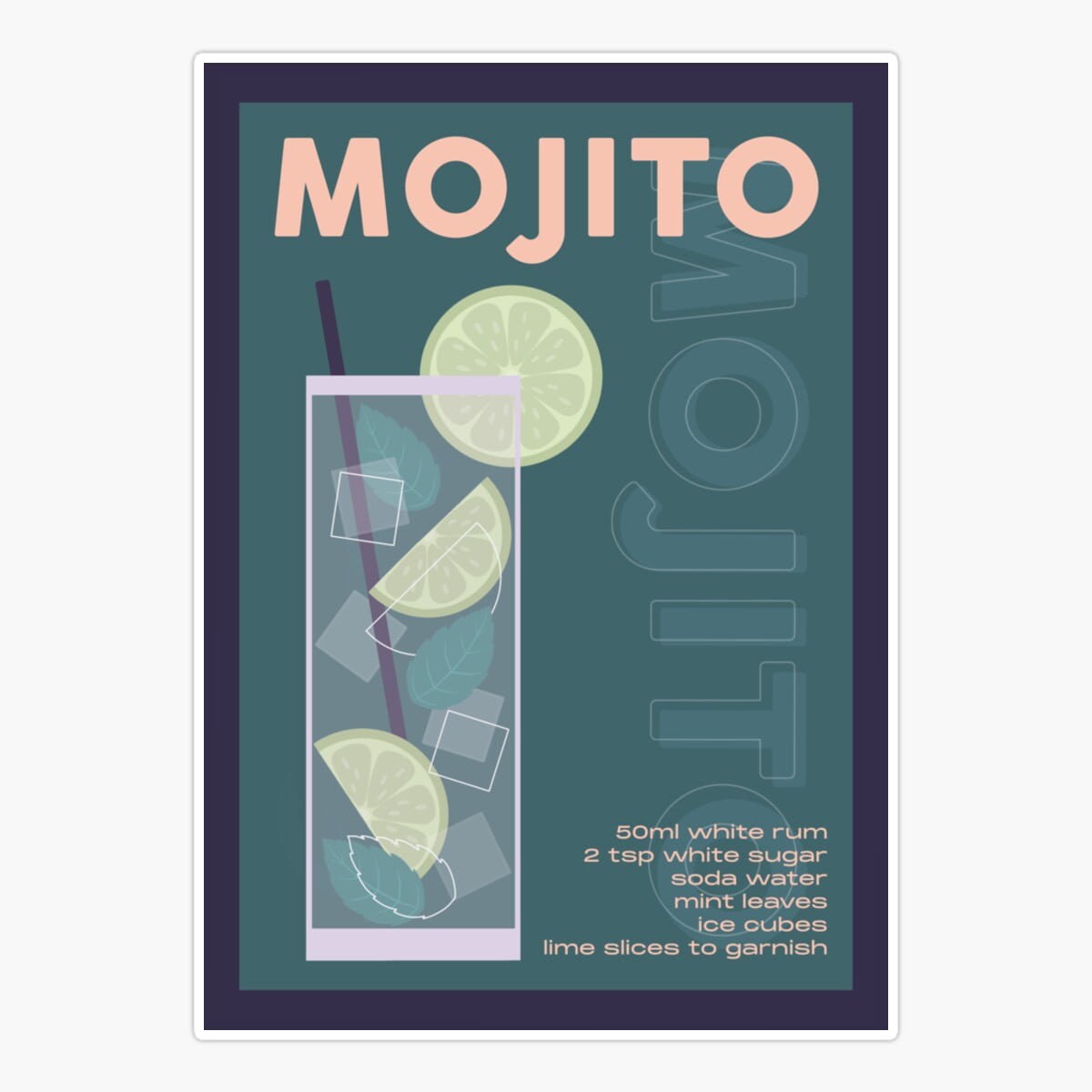 Maneki Mojito Cocktail Recipe Print - Teal/Peach/Navy Sticker, Phone ...