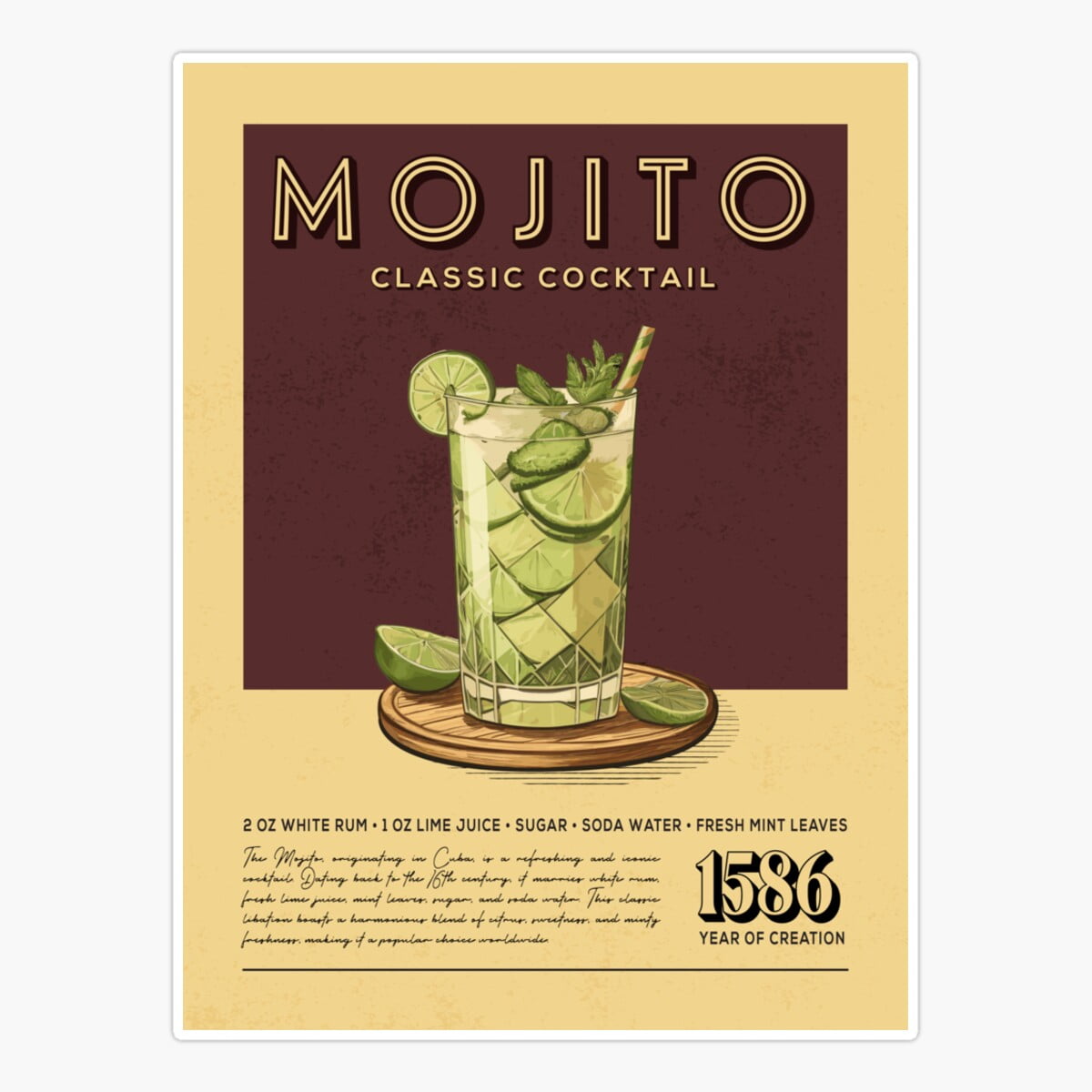 Maneki Mojito Cocktail Vintage Recipe Poster Sticker, Phone Decal Water ...