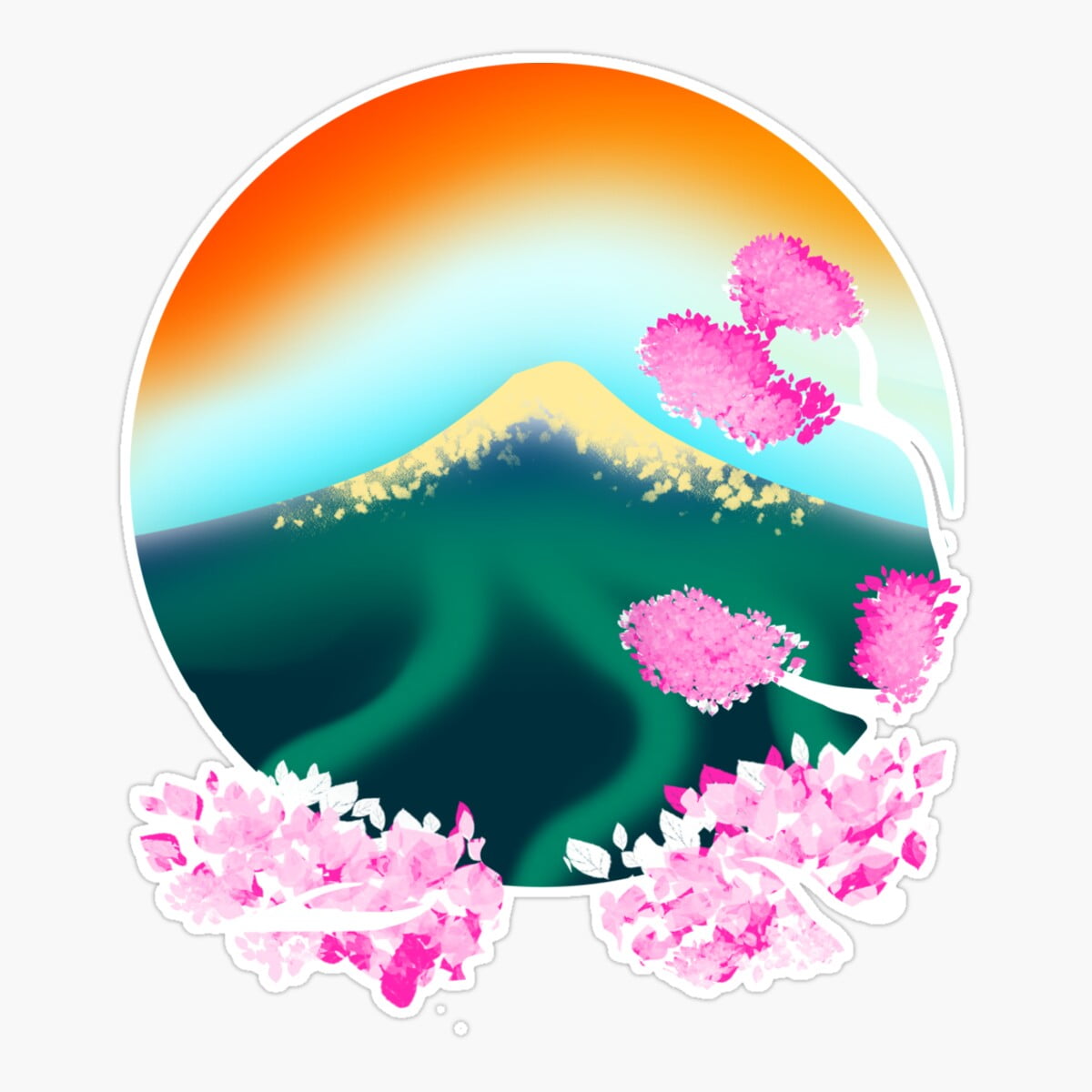 Maneki Morning Mt Uji With Sakura Leaves Volcano Sticker, Phone Decal ...