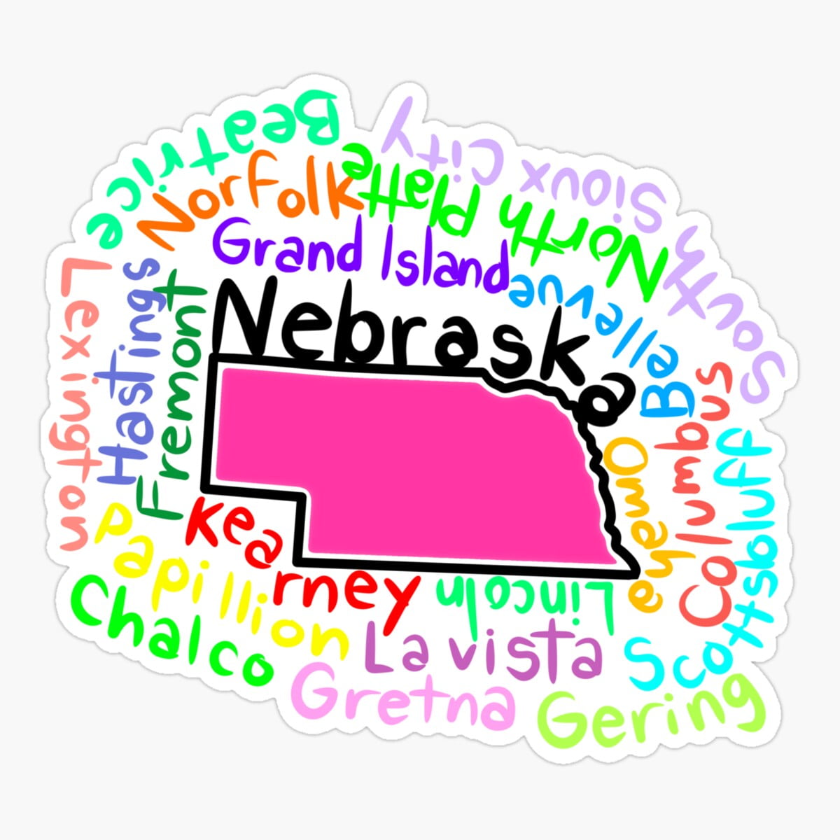 Maneki Nebraska Map With Names Sticker, Phone Decal Water Bottle ...
