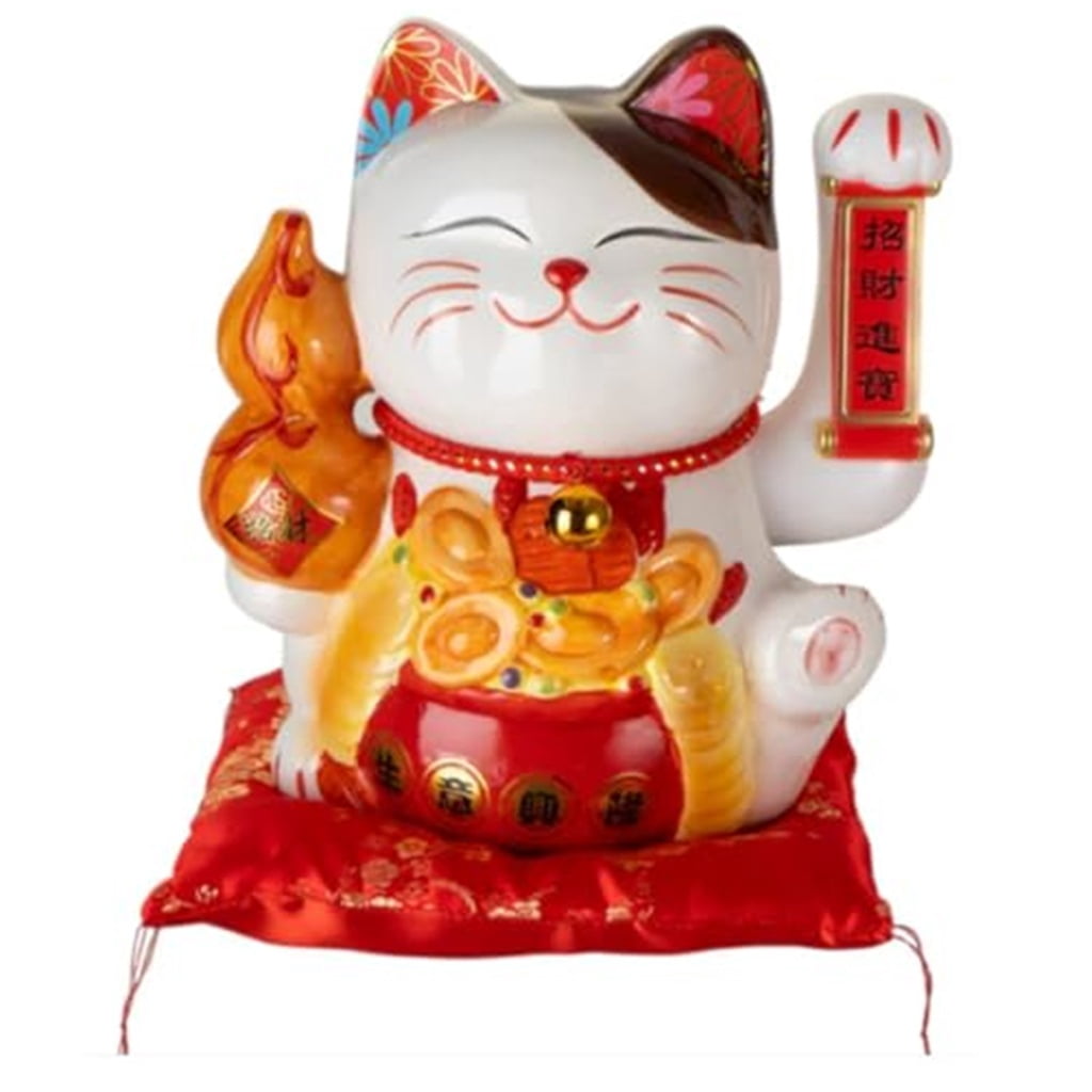 Maneki Neko Beckoning Lucky Cat Figurine with Waving Arms and Red ...