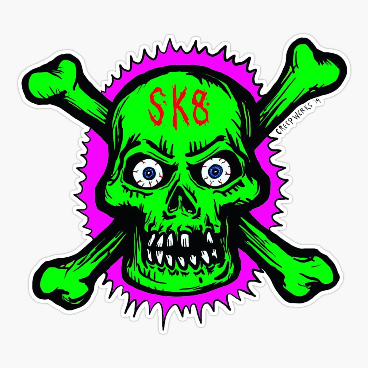 Maneki Neon Green Skull And Cross Bones 80S New Wave Style Sk8 Skate Er ...