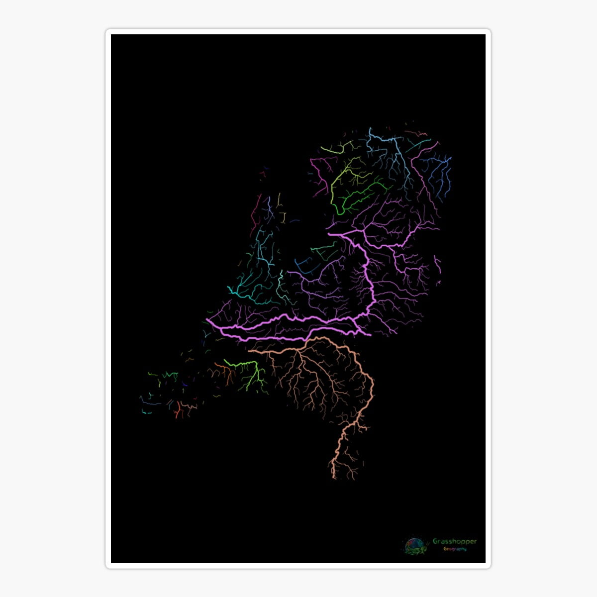 Maneki The Netherlands River Basin Map In Rainbow Colours With Black ...