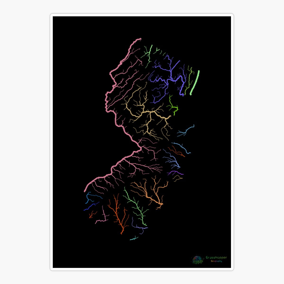 Maneki New Jersey River Basin Map In Rainbow Colours With Black ...