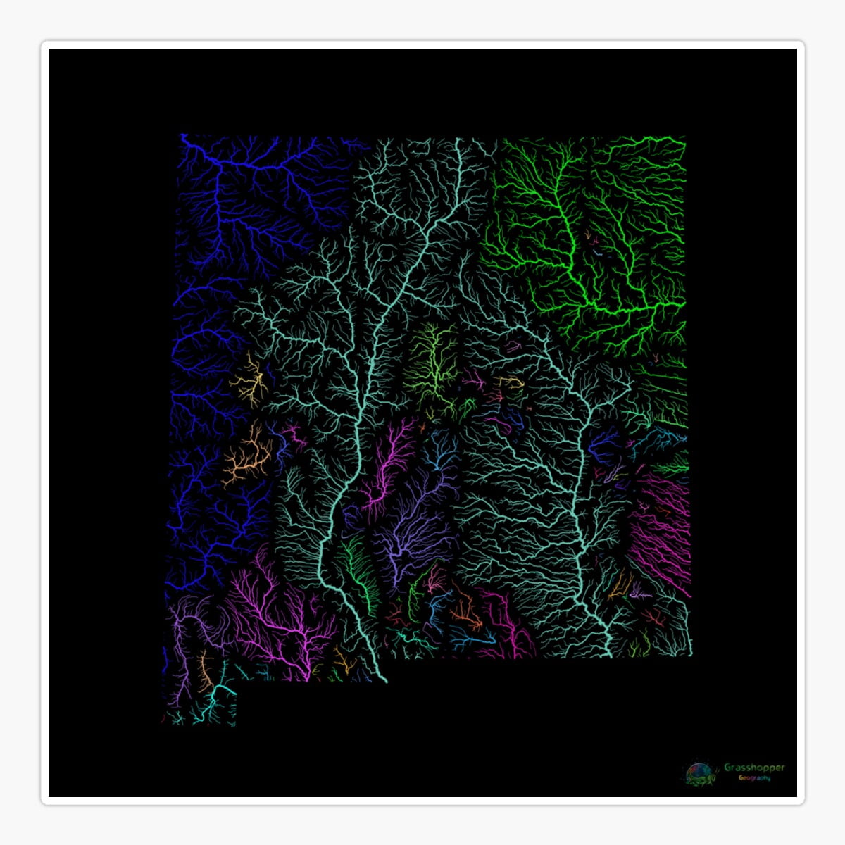 Maneki New Mexico River Basin Map In Rainbow Colours With Black ...