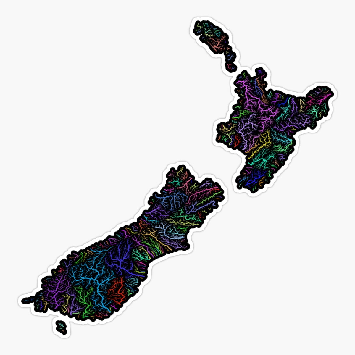 Maneki New Zealand River Basin Map In Rainbow Colours With Black ...