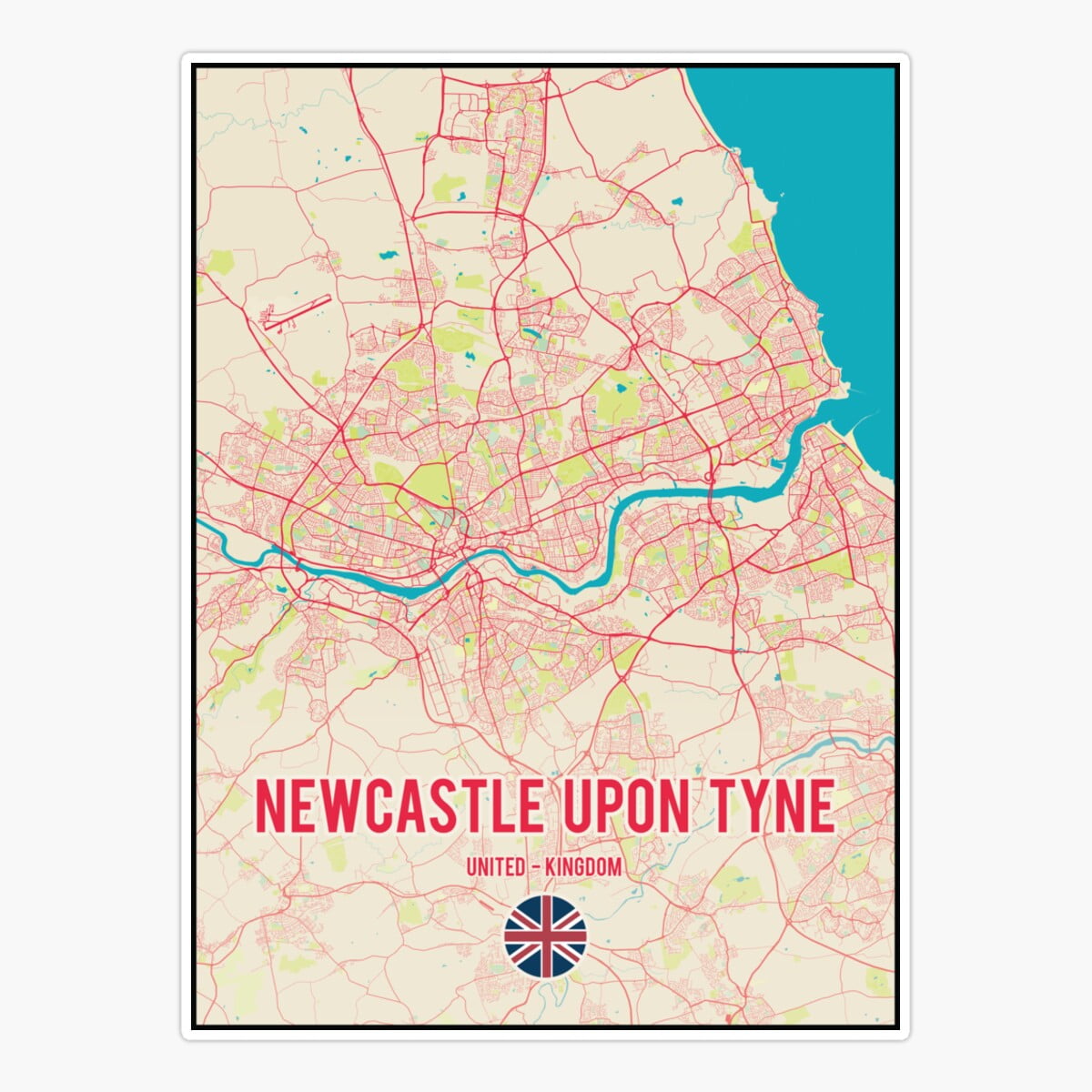 Maneki Newcastle Upon Tyne Map Print Sticker, Phone Decal Water Bottle ...