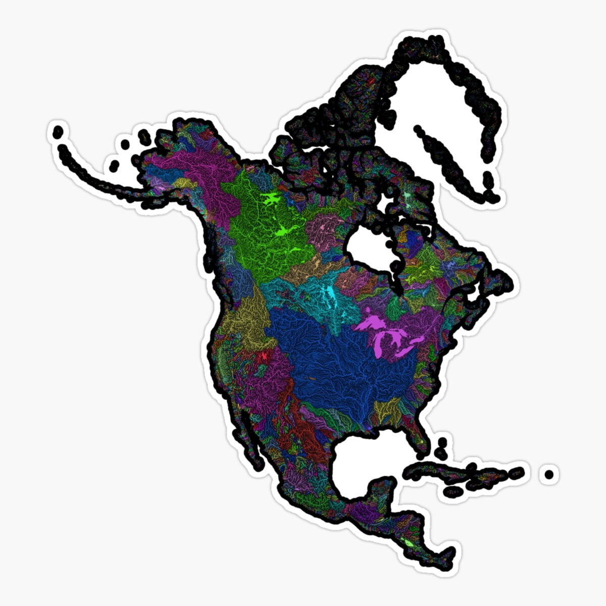 Maneki North America River Basin Map In Rainbow Colours With Black ...