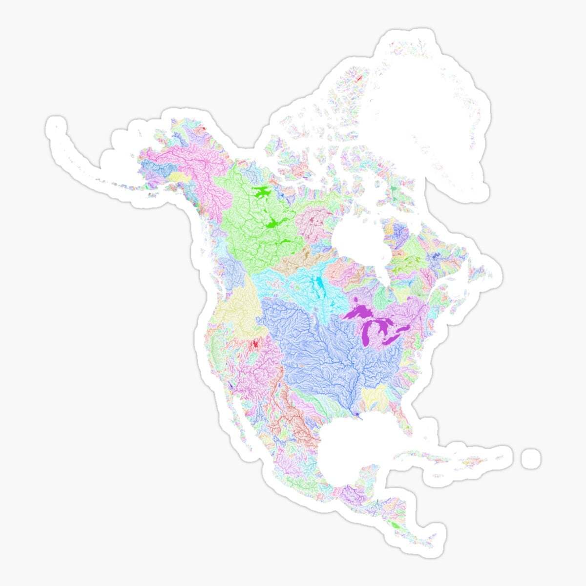 Maneki North America River Basin Map In Rainbow Colours With White ...