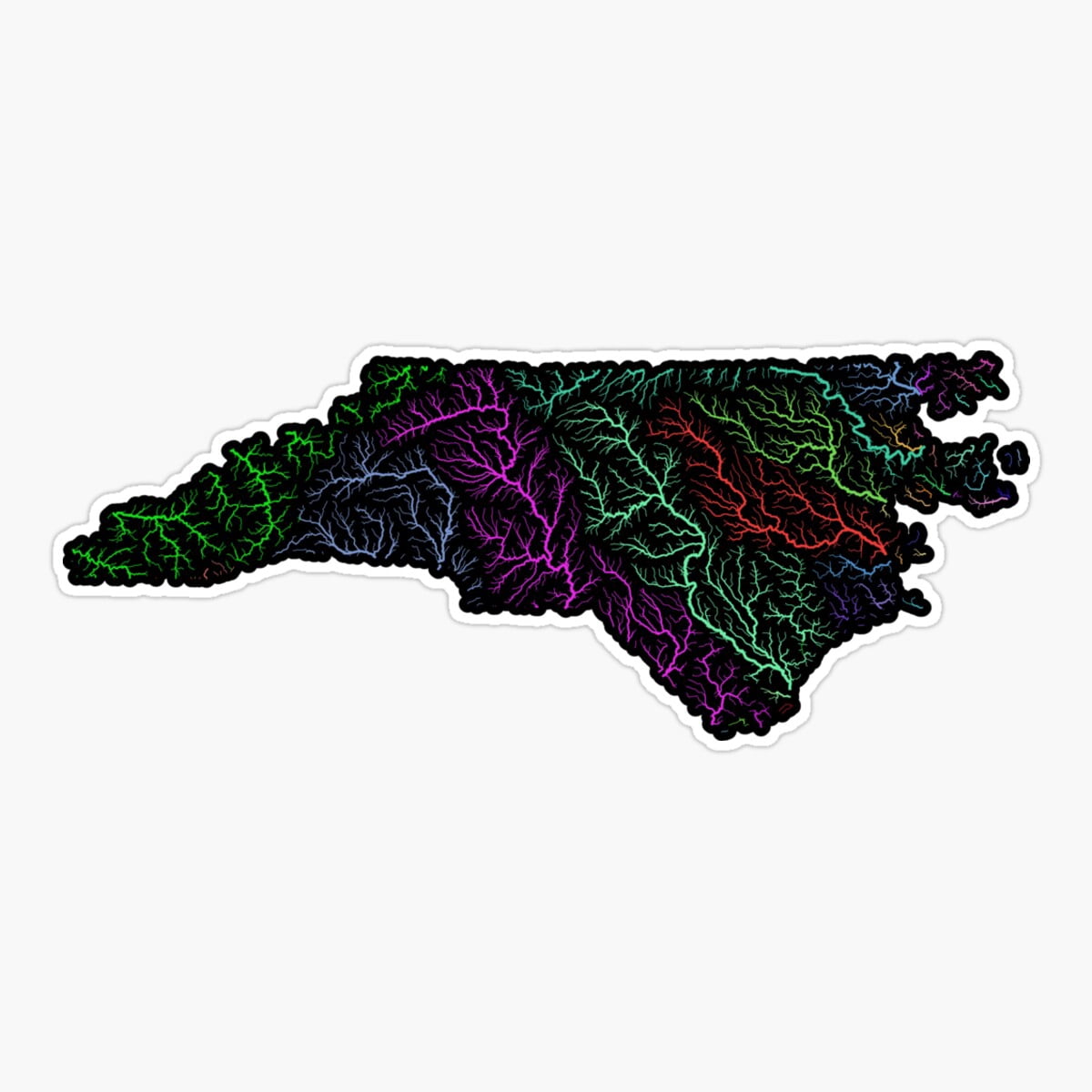 Maneki North Carolina River Basin Map In Rainbow Colours With Black ...