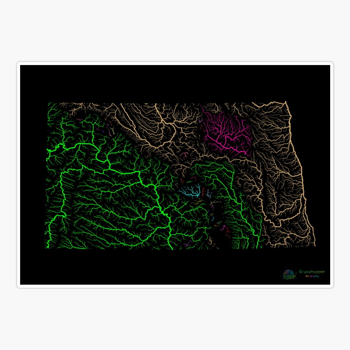 Maneki North Dakota River Basin Map In Rainbow Colours With Black ...
