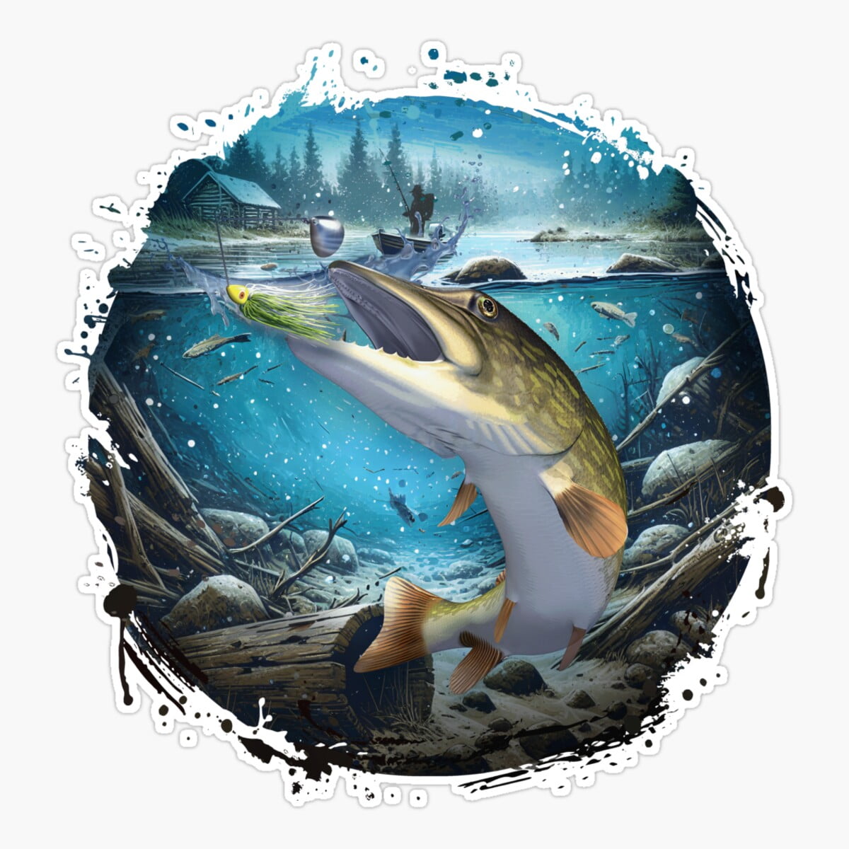 Maneki Northern Pike With Pike Lure Spinnerbait Drawing Er, Phone Decal ...